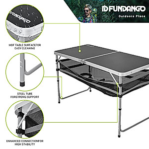 FUNDANGO Height Adjustable Portable Lightweight Folding Camping Table with Layer Mesh Storage Fold Up Foldable Collasible with Handle for Outdoor, Indoor, Beach, BBQ, Picnic,Travel