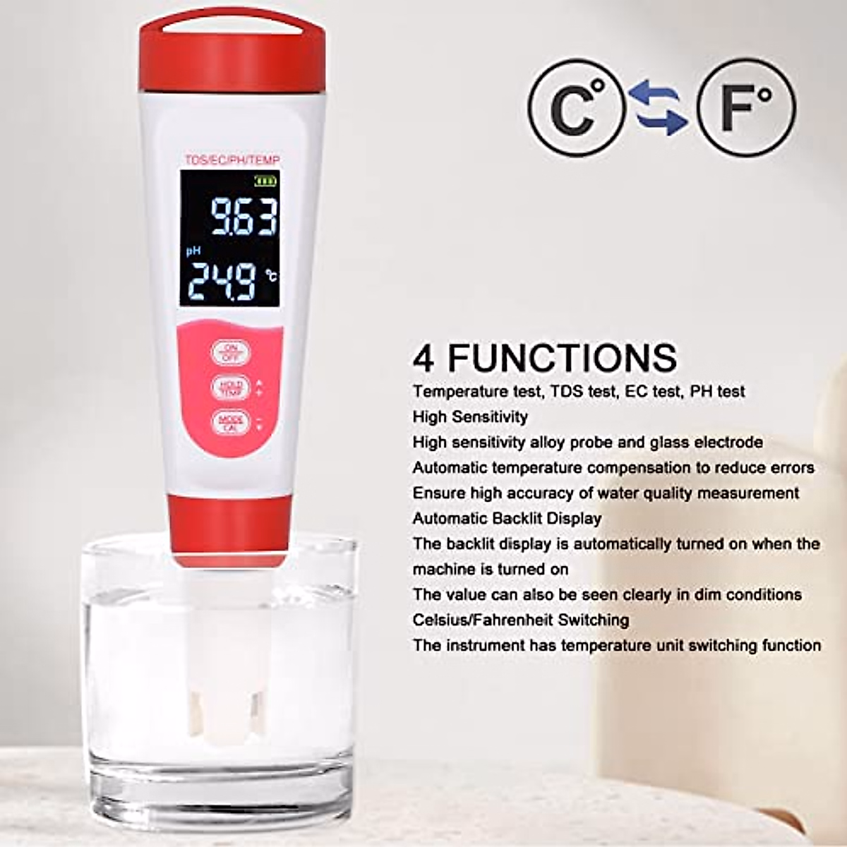 Digital Water Tester TDS EC PH Temperature Meter 4 in 1 0-9999ppm Water Quality Tester for Drinking Water Aquariums