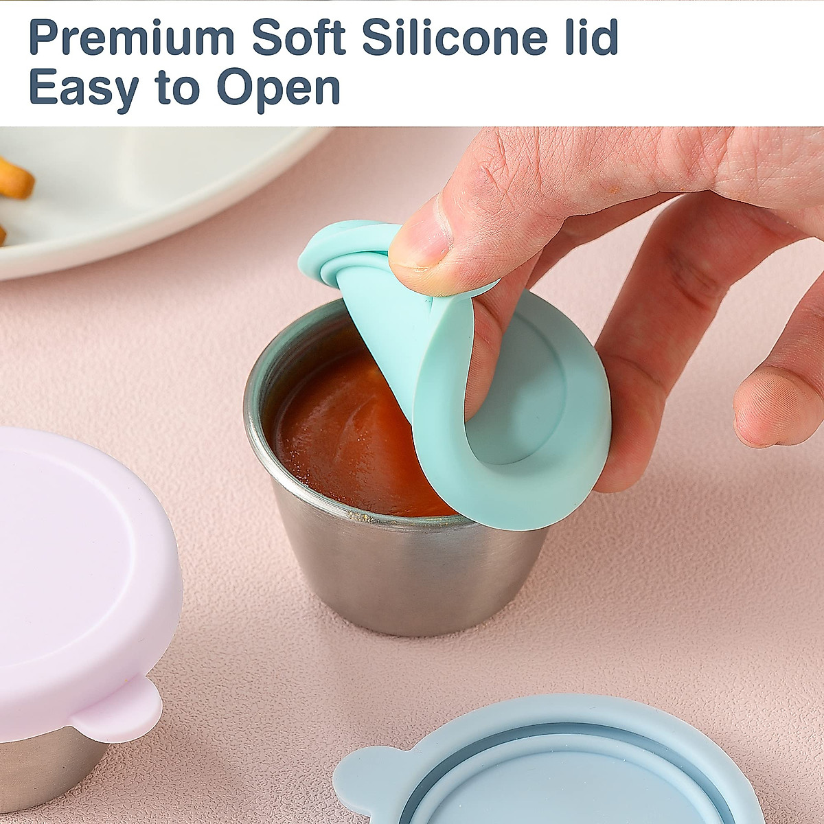 Homotte Salad Dressing Container To Go, 6x2.4 oz Small Containers with Lids, Reusable Sauce Containers for Lunch Box, 18/8 Stainless Steel Condiment Cup, Easy to Open, Leakproof Dipping Sauce Cups