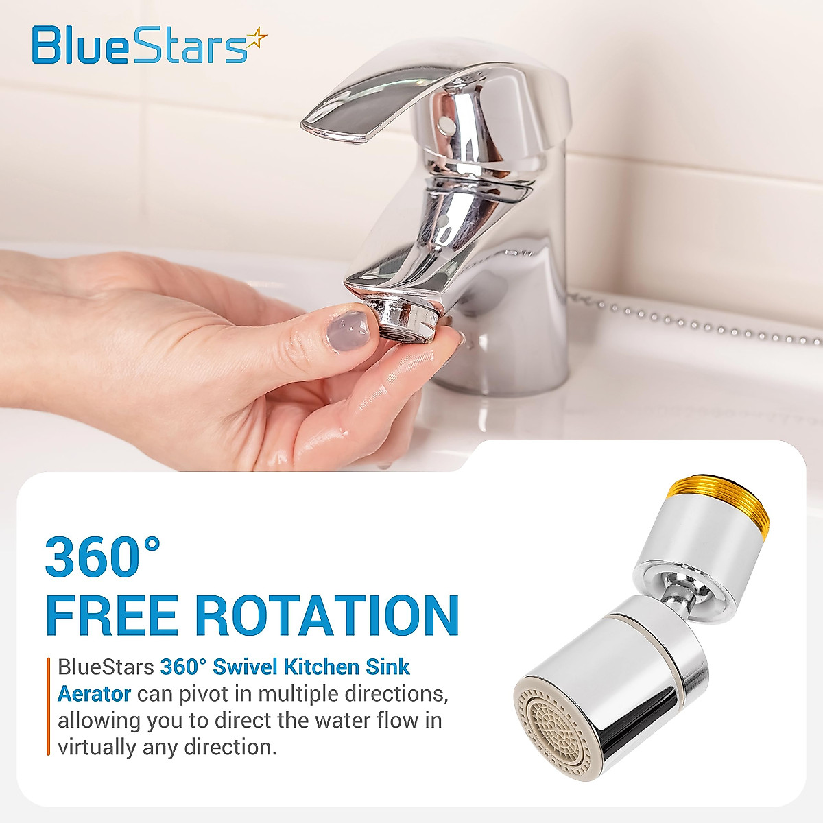 BlueStars Ultra-durable 360° Swivel Kitchen Sink Aerator - Dual-function 2-Flow Sprayer Faucet Head - Water Saving Tap Aerator Faucet Nozzle for Kitchen/Bathroom/Faucet
