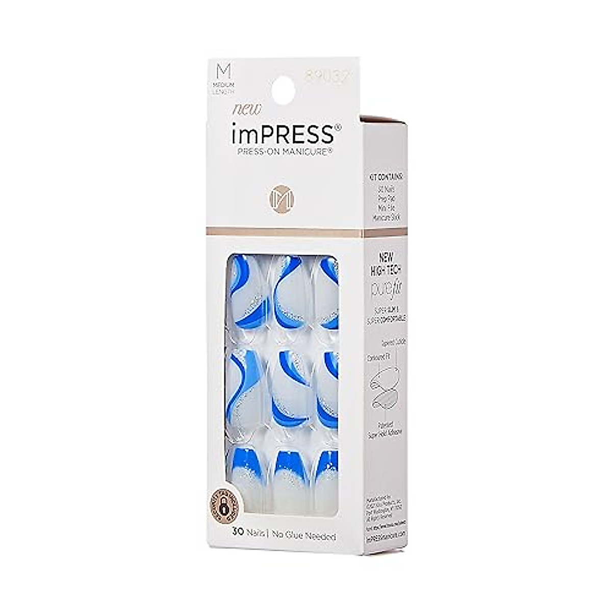KISS imPRESS Press-On Manicure Fake Nails, Medium Coffin, Mesmerize, Blue, Comfortable, Super Hold Adhesive, No Glue/Polish, Chip Proof, No Dry Time, Smudge Proof, Waterproof | 30 Count