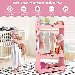 Costzon Kids Dress up Storage Wardrobe, Toddler Armoire Dresser Wardrobe w/Mirror & Cloth Hanger, Cute Crown Patterns, Pretend Costume Closet Toy Organizer, Perfect for Kids Bedroom, Playroom (Pink)