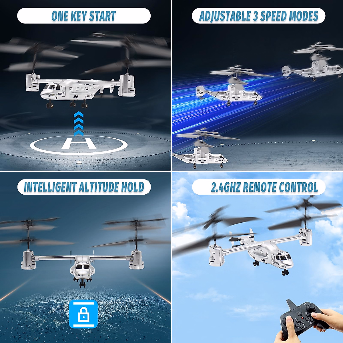 Leopmase V-22 RC Plane 4CH Remote Control Airplane, with Altitude Hold High & Low Speed and LED Light Ready to Fly,Two Batteries Stunt Flying Toy for Beginners Adults Kids