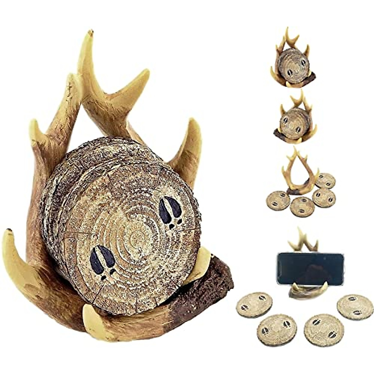 Bellaa 23295 Drink Coaster Set Old West Deer Antler Home Decor Table Beverage Coasters Holder Set 5 Pcs Outdoors Rustic Cabin Theme Lodge Mountain Man Cave Art