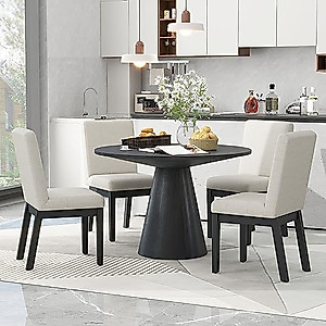 Voohek, Black 5-Piece Retro Simple Round Dining Table Set with Frustum Legs, and 4 Ergonomic Fabric Upholstered Chairs, Solid Wood Kitchen Furniture for 4 People, Small Space