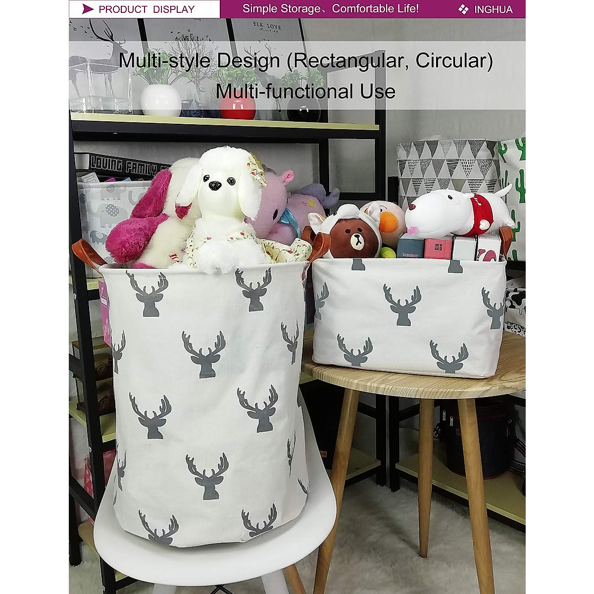 INGHUA Rectangular Storage Basket Fabric Organizer Bin for Toys,Books,Clothes,Gifts,Pets-Perfect for Home,Office,Nursery,Dorm,Shelf(Rec grey deer)