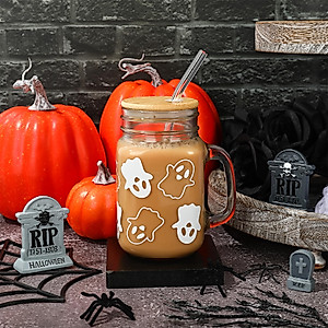 Whaline Halloween Mason Jar Mug with Handle 18oz Cute Ghost Mason Jar Drinking Glasses Halloween Ghost Ice Coffee Cups Glass Mugs Tumbler with Lid and Straw for Iced Coffee Tea Soda Cocktail Gifts