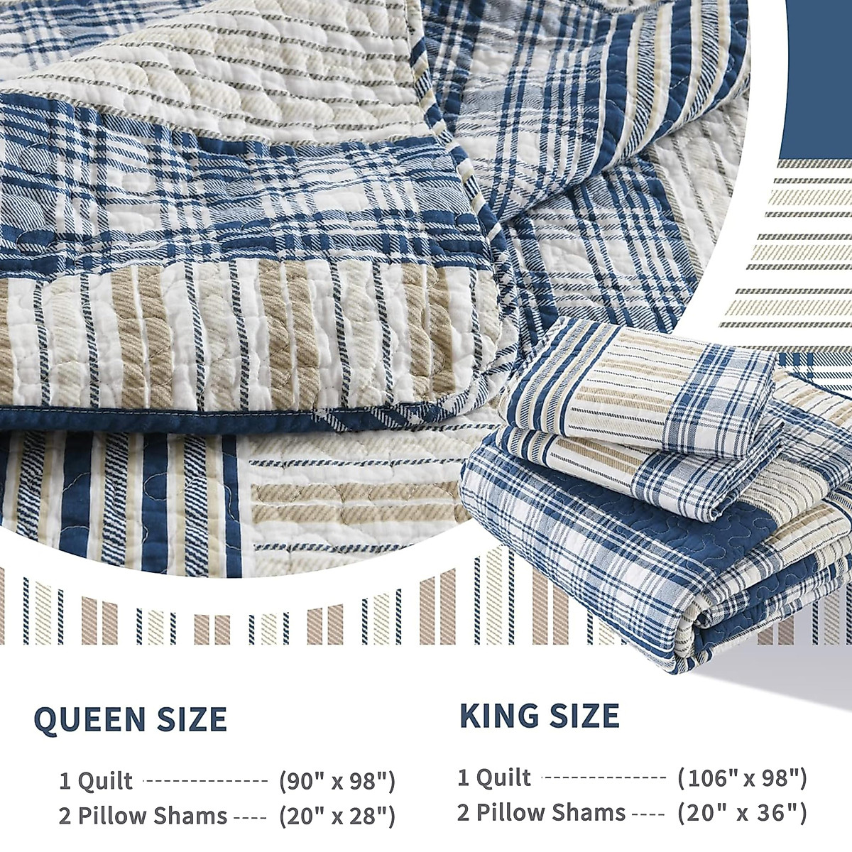 Homzard Queen Comforter Set - Blue White Tan Striped Queen Size Comforter Set,Plaid Striped Bedding Quilt, Farmhouse Bedspread, Lightweight Bedding Quilts 3 Pieces All Season