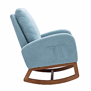 SmartDer Comfy Rocking Chair Nursery, Padded Rocking Chair with A Pocket, Accent Armchair with High Backrest and Solid Wood Base, Modern Lounge Living Room Chair for Nursery, Lake Blue