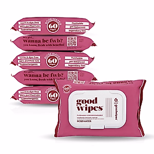 Goodwipes Flushable Butt Wipes Made with Vitamin E & Aloe - Soft & Gentle Wet Wipe Dispenser for Home Use, Septic & Sewer Safe - Largest Adult Toilet Towelettes - Rosewater, 360 Count (6 Packs)