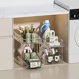 Delamu 2 Sets of 2-Tier Clear Under Sink Organizers and Storage, Multi-Purpose Stackable Bathroom Cabinet organizers, Pull Out Kitchen Pantry Organization and Storage with Dividers