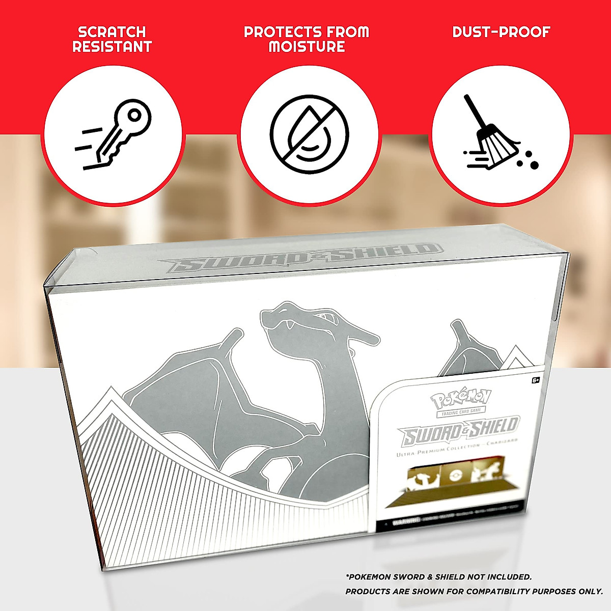 EVORETRO Display Case Protector Compatible with Pokémon TCG Sword & Shield Charizard Ultra Premium Collection Box (Pokemon Collection Box NOT Included) 0.50mm PET Plastic Protector Case
