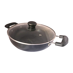 Induction Base Non-Stick Kadai with Glass Lid Non Stick Frying Pan Wok Flat Bottom Non Stick All Purpose Pan Non-Stick Aluminium Kadhai Deep Fry Pan (240mm) 2.2Ltr