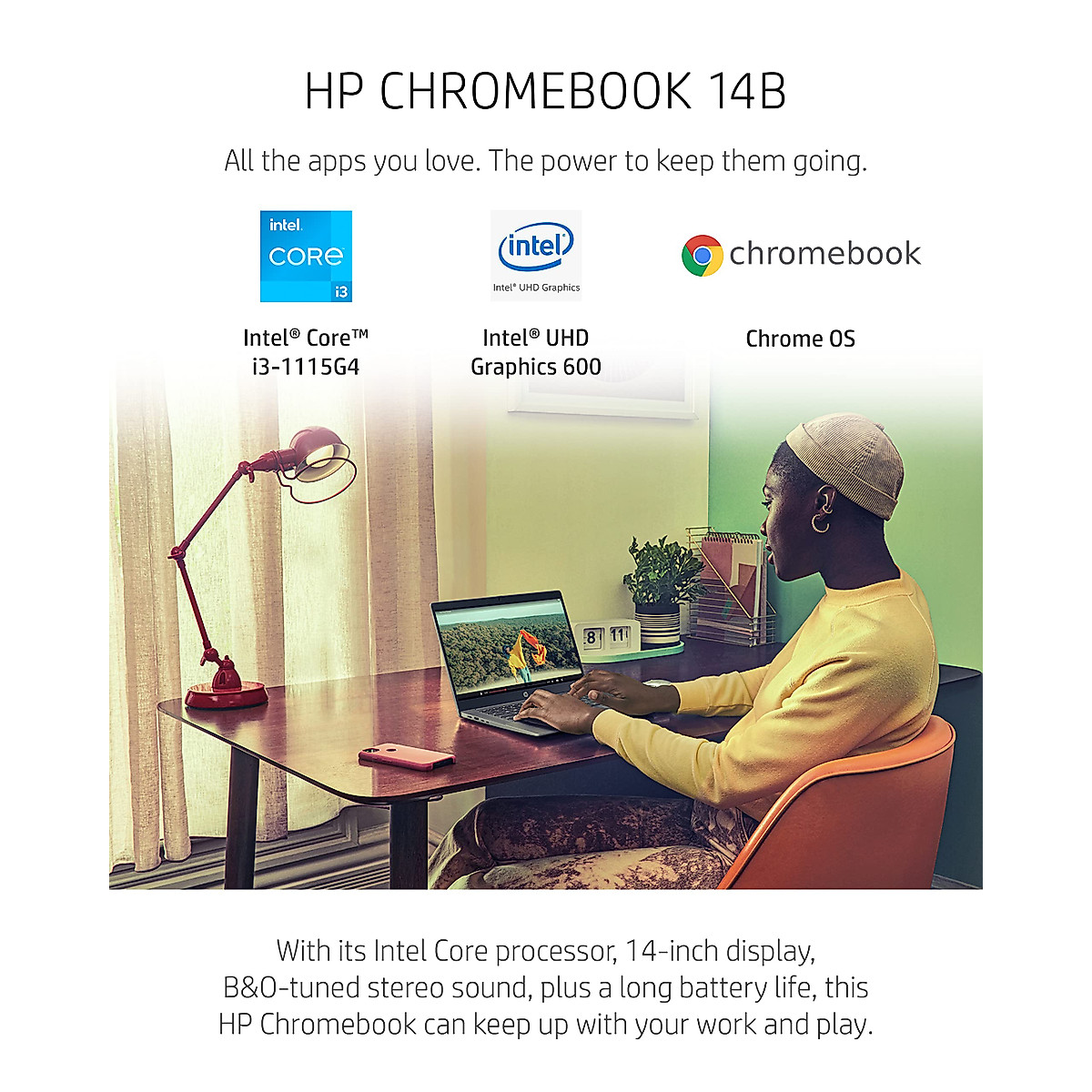 HP Chromebook 14b Laptop, 11th Gen Intel Core i3-1115G4, 8 GB RAM, 128 GB SSD, 14” HD Anti-Glare Touchscreen, Chrome OS, 720p Webcam and Camera Shutter, Audio by B&O, Backlit Keys (14b-nb0010nr, 2021)