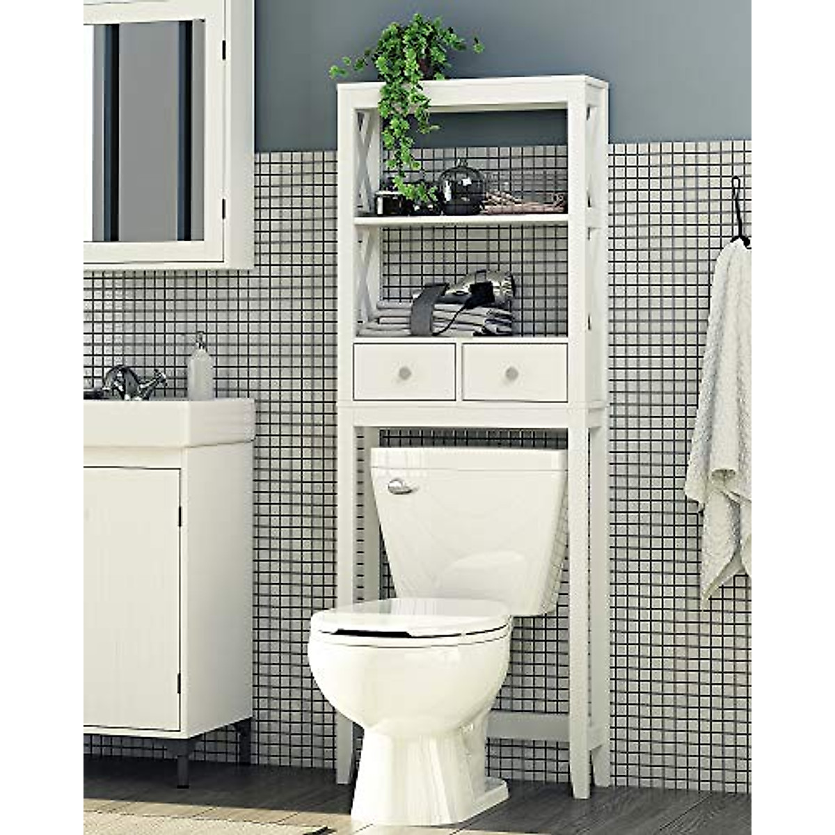 Spirich Home Modern X- Frame Bathroom Shelf Over The Toilet, Bathroom Shelf with Two Drawers, Bathroom Spacesaver, White Finish