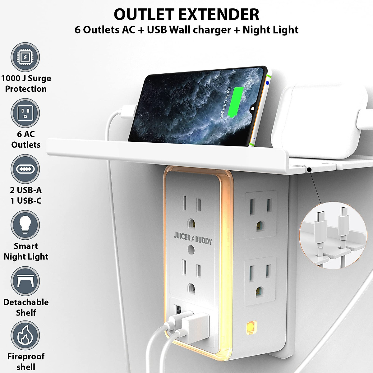 Juicer Buddy USB C Wall Charger, Smart Night Light, Surge Protector, 6 Outlet Extender, Power Strip Adapter, Outlet Expander, Outlet Shelf, Phone Holder, Socket shelf