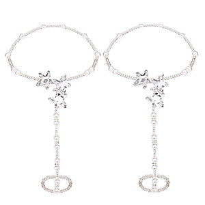 Nicute Boho Pearl Barefoot Sandals Anklet Rhinestone Silver Star Anklet Chain Wedding Summer Beach Foot Chain Jewelry for Women (2 Pieces)