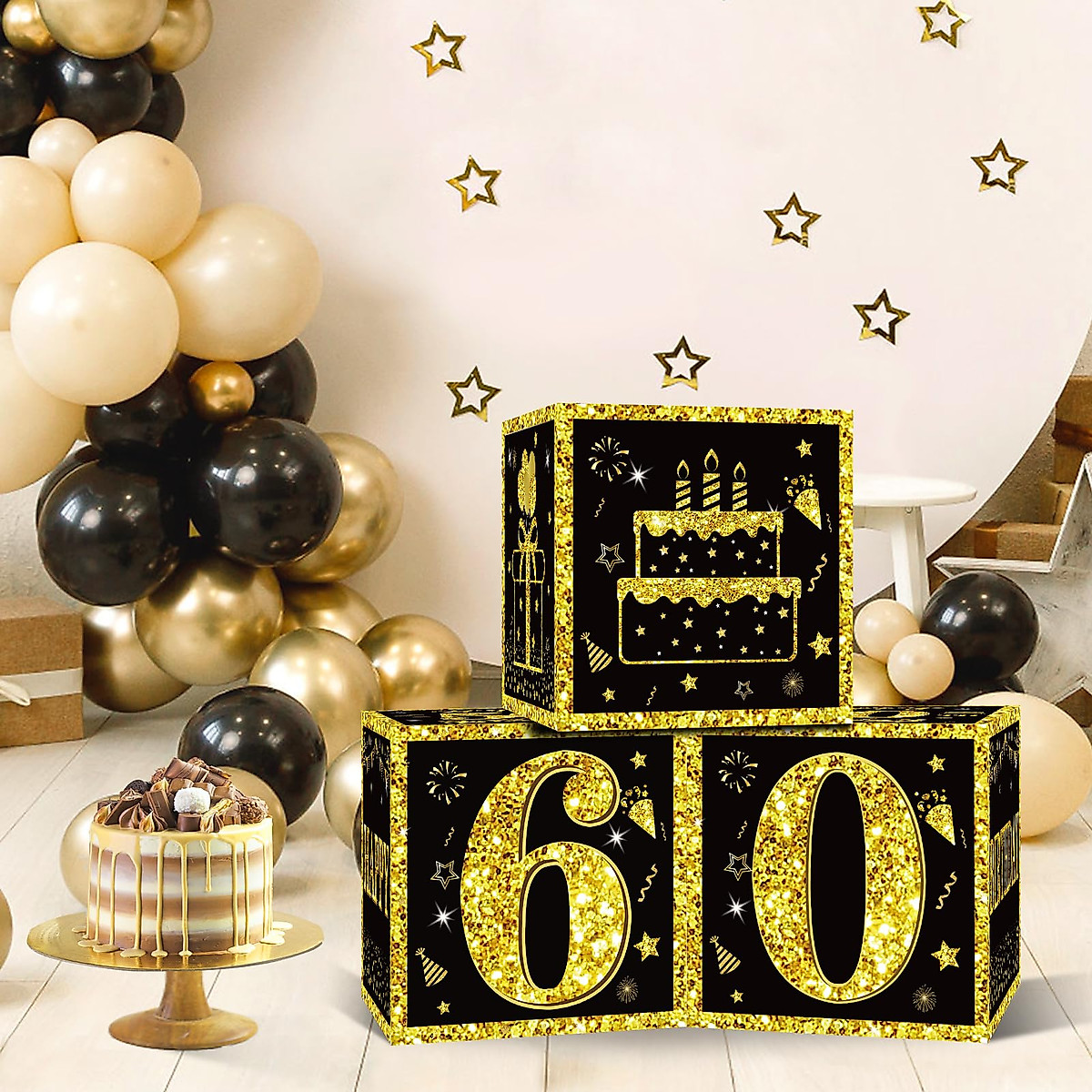 3pcs 60th Birthday Decorations Boxes for Men Women, Black Gold Happy 60 Birthday Balloons Boxes Party Supplies, 60 Year Old Bday Theme Cardboard Box Decor