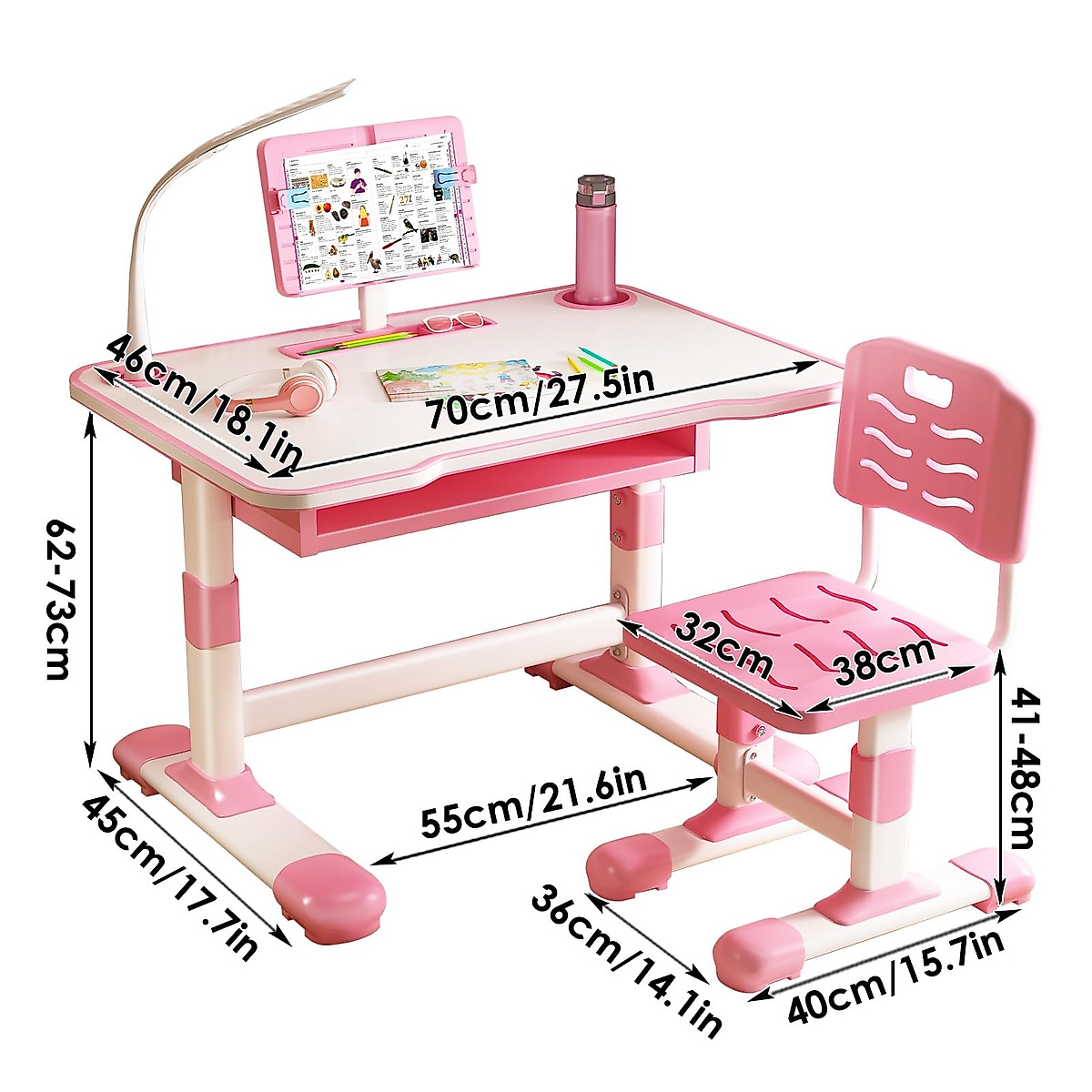Shulemin Kid Desk and Chair Set Student Desk and Chair Set Study Table for Kids Kids Adjustable Desk Tiltable Desktop Toddlers Writing Table Boys Desk Girl Desk with Extra Large Drawer Pink