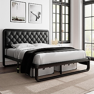 Feonase Queen Bed Frame, Upholstered Platform Bed Frame with Heavy-Duty Steel Slats, Diamond Tufted Headboard, 12" Storage Space, No Box Spring Needed, Noise Free, Easy Assembly, Black