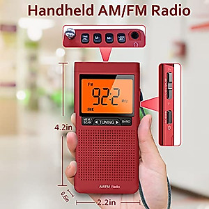 AM FM Portable Radio Personal Radio with Excellent Reception Battery Operated by 2 AAA Batteries with Stero Earphone, Large LCD Screen, Digtail Alarm Clock Radio(Red)
