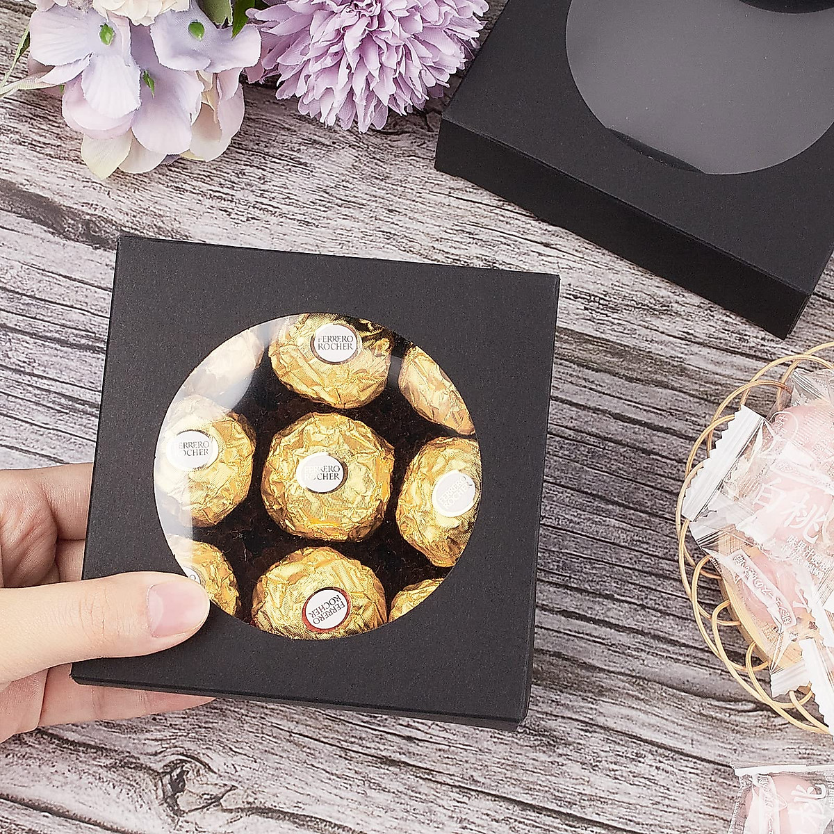 50 Pack Mini Cookie Boxes with Window, 4.3 x 4.3 x 1.2 Inches Individual Black Kraft Paper Pastry Boxes Single Dessert Boxes Treat Boxes Favor Boxes for Chocolate, Candy, Donut