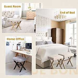 LUE BONA Vanity Stool, Square Linen Makeup Stool with Metal X Legs, Small Ottoman Stool Chair for Vanity, Modern Padded Vanity Seat Foot Rest Stool for Makeup Room, Bathroom, Linen Color