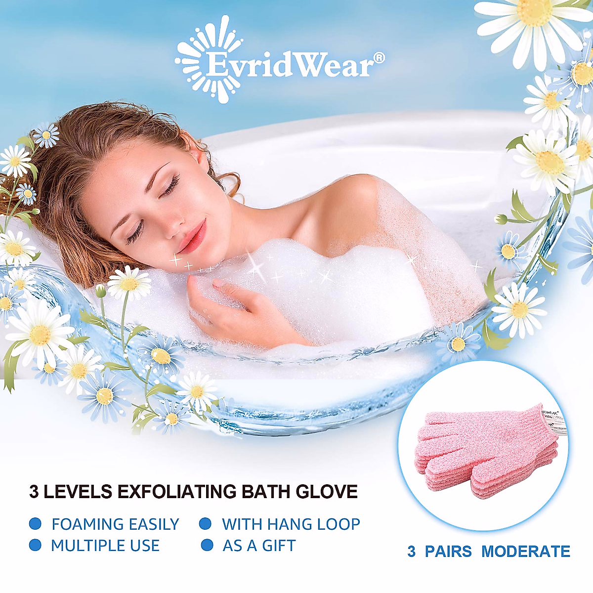 Evridwear Exfoliating Gloves for Shower, 100% Nylon Thick Soft Medium Heavy Bathing Gloves Dead Skin Remover Body Scrubber Smooth Skin with Hang Loop, 1 Pair Moderate Pink