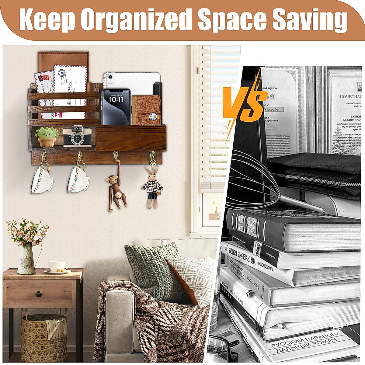 Key Holder Wall Mount, Mail Organizer with Key Hooks, Solid Wood Mail Holder with Hook Rustic Home Decor for Command Center Entryway Mudroom Hallway Doorway