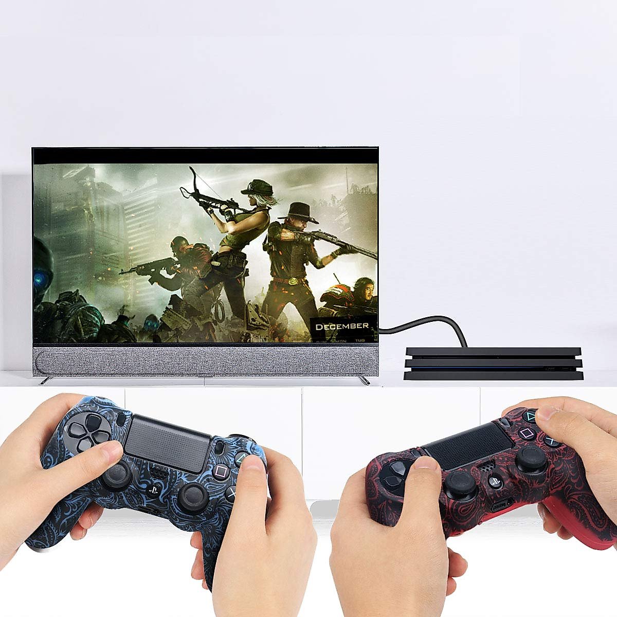 Silicone Controller Covers Compatible with PS4 Controller - 2 Pack of Anti-Slip Protector Controller Skin Case- with 4 Pairs Thumb Grips - Red & Blue