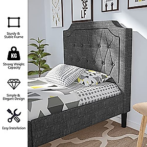 GORELAX Upholstered Twin Bed Frame, Mattress Foundation with Curved Button Tufted Headboard & Wooden Slats, Diamond Stitched Panel Bed Base, Easy Assembly, 16 inch Tall Single Platform Bed Frame Grey