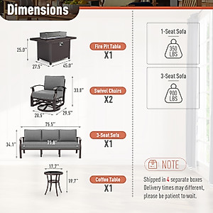 Kurapika Aluminum Patio Furniture Set 5-Seat Modern Metal Outdoor Conversation Sets w/45in Propane Fire Pit Table, Swivel Rocking Chairs Patio Sectional Sofa w/5.1in Cushion, Grey