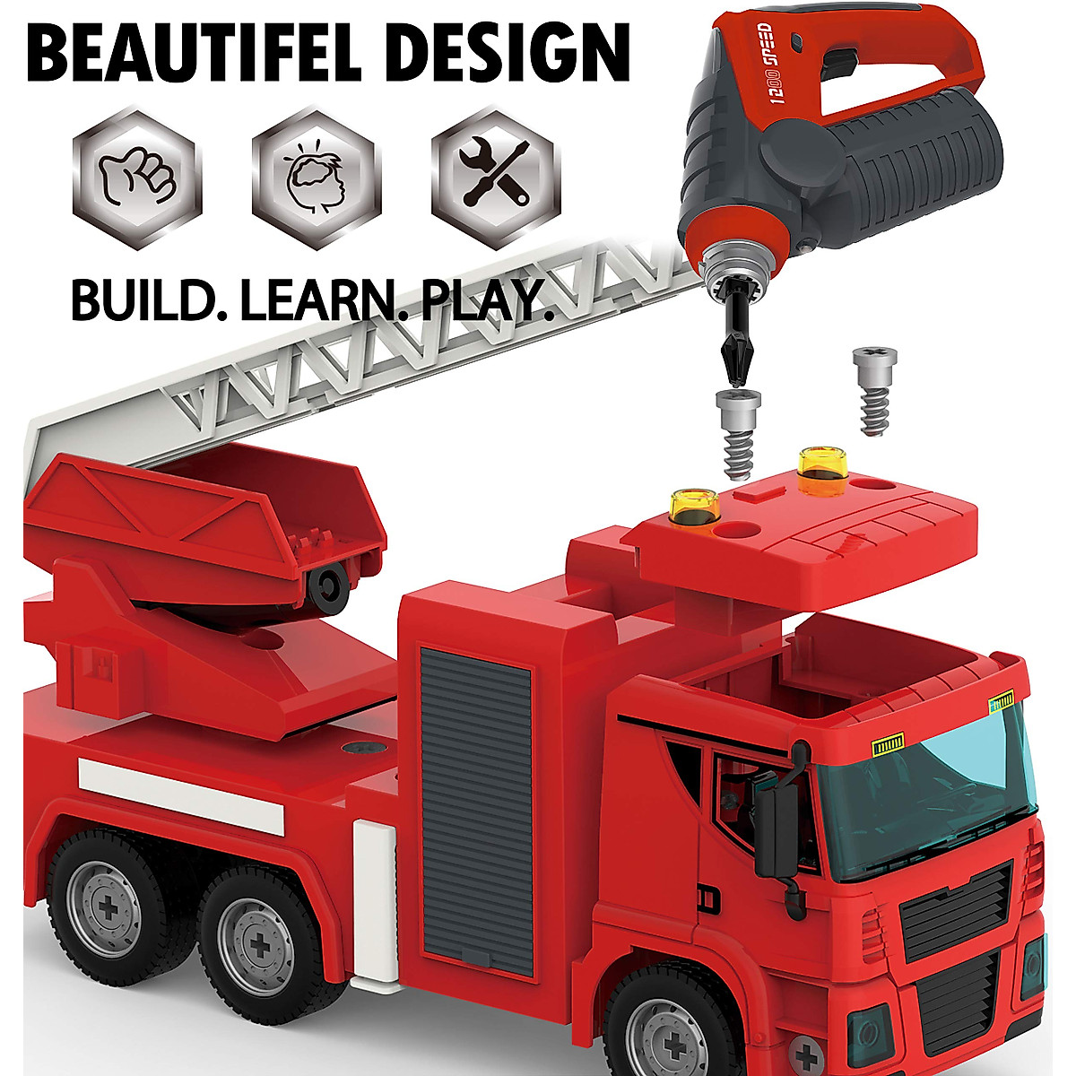 Building Fire Truck Toys - 95 Pcs DIY Assembly Fire Truck STEM Toy with Drill, Push & Go Friction Power Lights & Sounds for Kids- Take Apart Vehicle Fire Trucks for Boys Ages 4 5 6 7 8 Years Old
