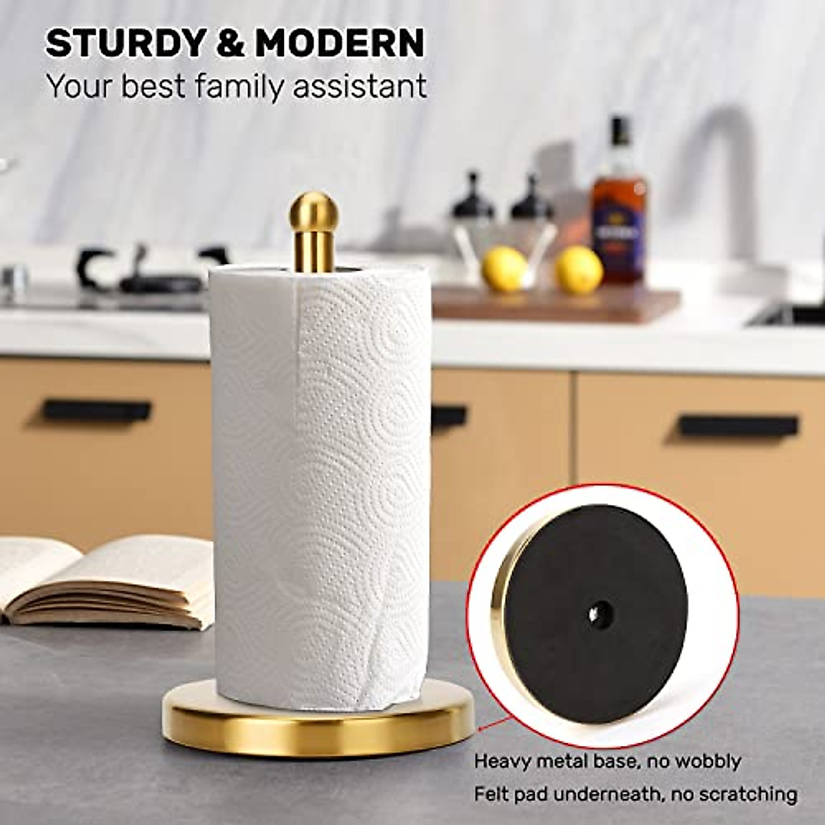 Paper Towel Holder Stand with Sturdy Base Fits Standard and Jumbo Sized Paper Towel, Paper Towel Holder Countertop (Gold)