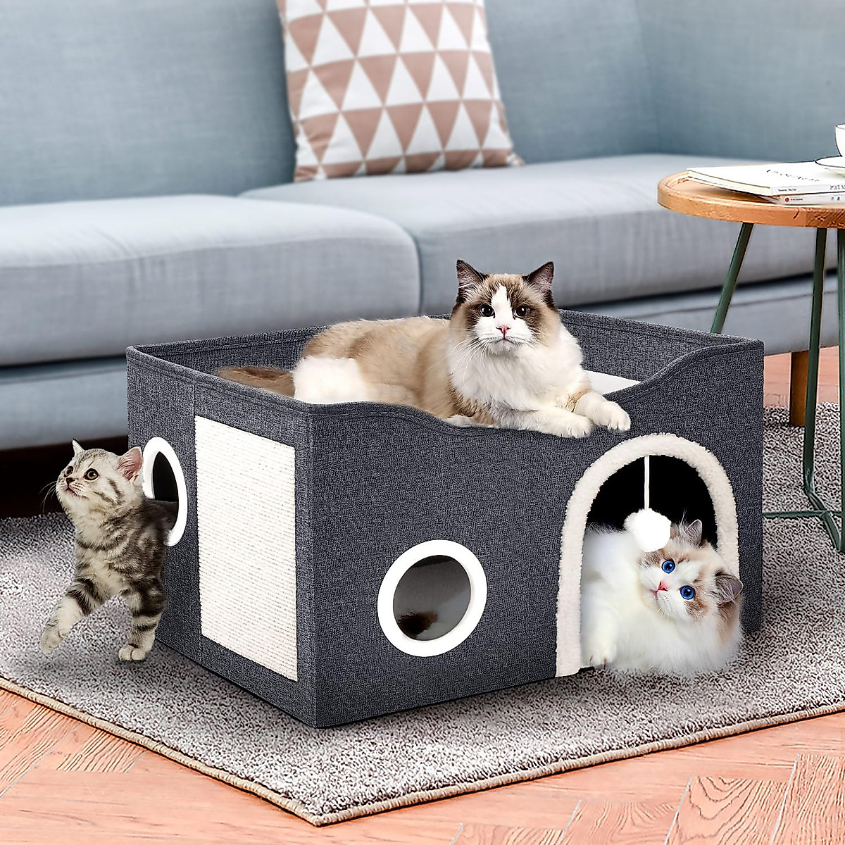 Heeyoo Cat House for Indoor Cats - Large Cat Bed Cave with Fluffy Ball and Scratch Pad, Foldable Cat Houses & Condos, Cat Cubes, Cat Hideaway, Covered Cat Bed for Multi Small Pet Large Kitty
