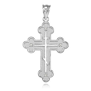 Sideways Crosses Religious Jewelry 14k White Gold Eastern Orthodox Cross Charm Pendant Necklace with Diamonds, 18"