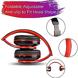 Bluetooth Headphones Over Ear Headphones with Deep Bass LED Foldable Stereo Headphones, Wired and Wireless Headset for Smart Phone/TV/PC(Red/Black)
