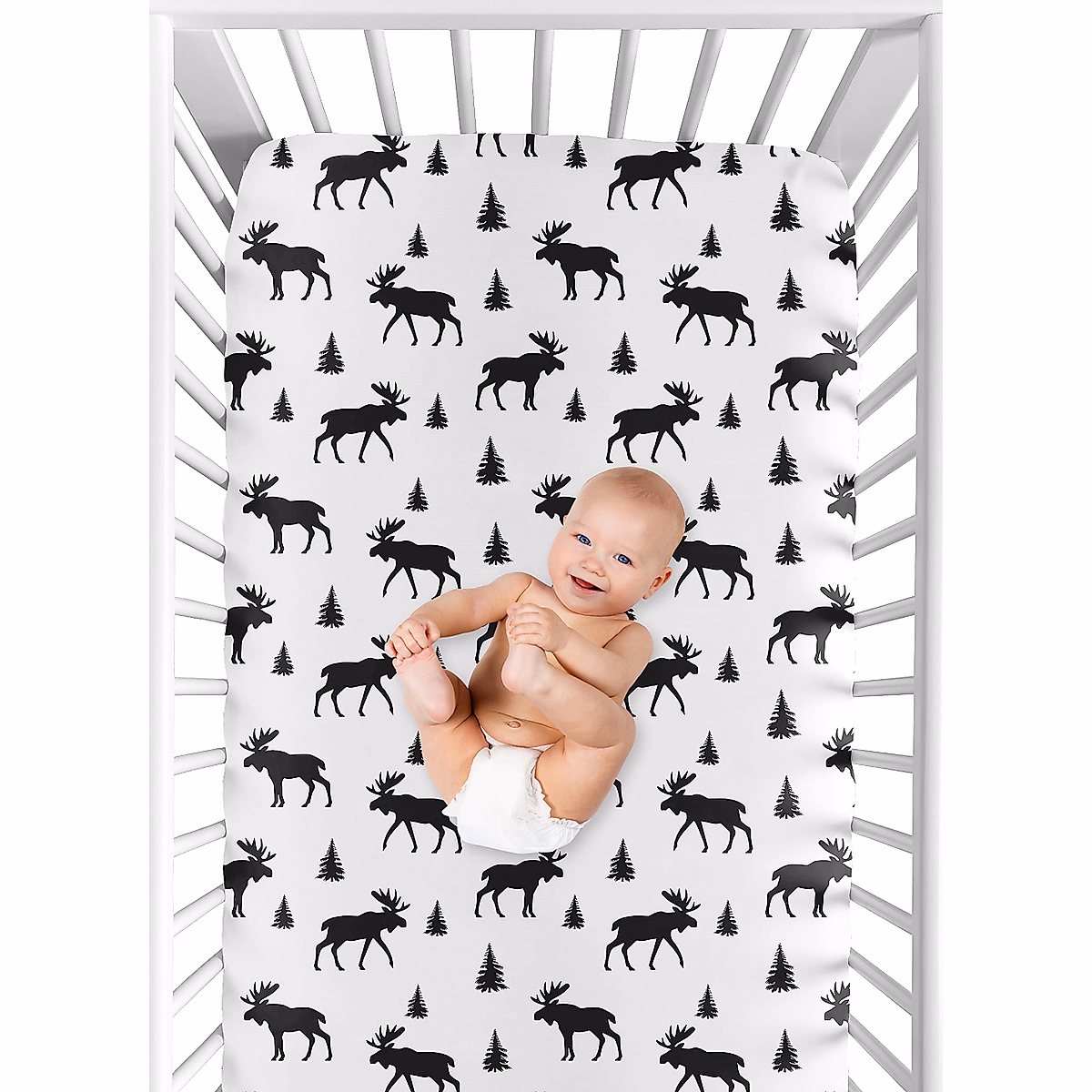 Black and White Woodland Moose Baby or Toddler Fitted Crib Sheet for Rustic Patch Collection by Sweet Jojo Designs