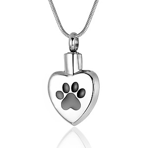 VEKETE Heart Shaped Memorial Urn Necklace Pet Ashes Cremation Pendant Stainless Steel Urn Jewelry With Paw Print