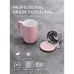 Sweese 16 OZ Porcelain Tea Mug with Infuser and Lid, Loose Leaf Tea Cup, Gifts for Tea Lover, Pink - 203.108