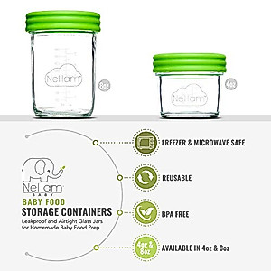 Nellam Baby Food Storage Containers - Leakproof, Airtight, Glass Jars for Freezing & Homemade Babyfood Prep - Reusable, BPA Free, 12 x 4oz Set, that is Microwave & Freezer Safe