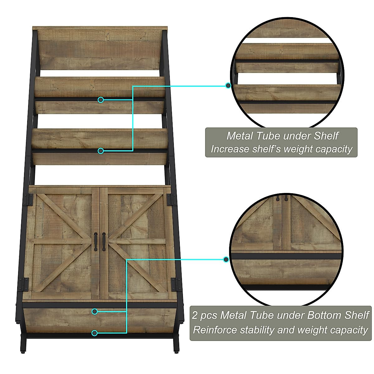 Aubtik Farmhouse Bookcase with Doors, Rustic Tall Book Shelf with Cabinet, Industrial Wood Metal Bookshelf with Storage for Home Office, Living Room, Classroom (Rustic Oak)