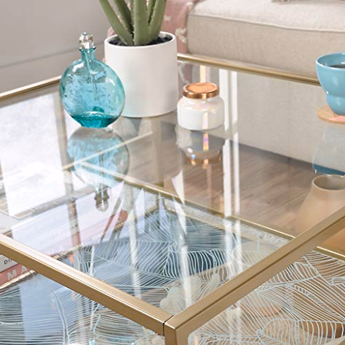 Sauder Coral Cape Coffee Table, L: 29.53" x W: 29.53" x H: 18.9", Satin Gold Finish