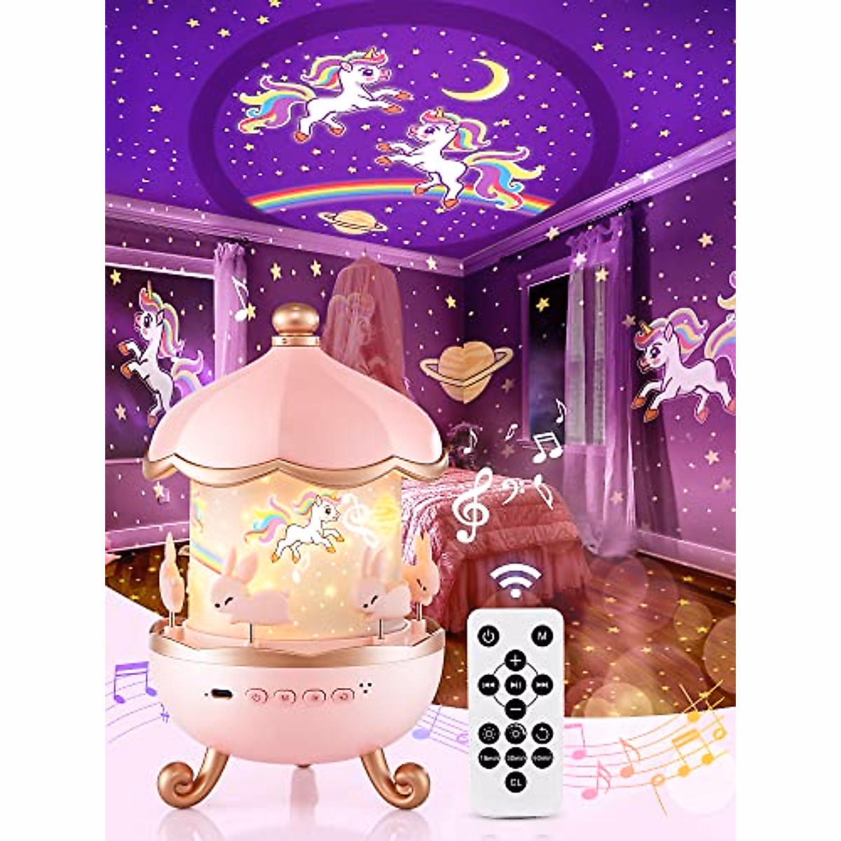One Fire Night Light for Kids Room Decor, 72 Light Modes Sound Machine Baby Night Light Projector, Remote Timer Kids Night Lights for Bedroom, Rechargeable White Noise Kawaii Unicorns Gifts for Girls