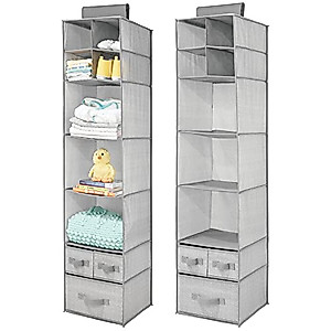 mDesign Soft Fabric Over Closet Rod Hanging Storage Organizer with 7 Shelves and 3 Removable Drawers for Child/Kids Room or Nursery - Herringbone Print, 2 Pack - Gray