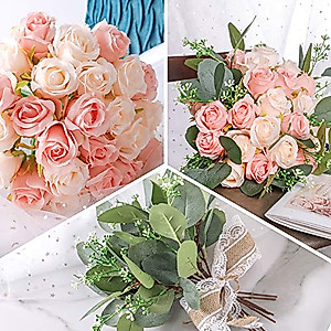 Ageomet 17pcs Artificial Rose Flowers, 12 Silk Fake Flowers Rose and 5 Artificial Eucalyptus Leaves Stems in Bulk, for Home Bridal Wedding Party Festival Decor