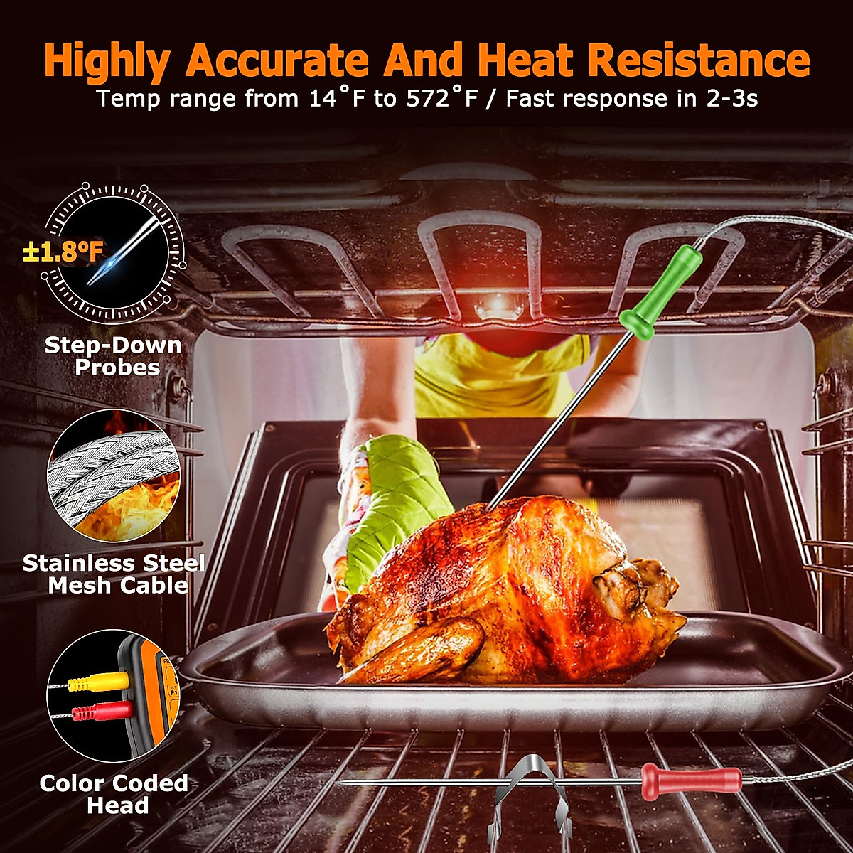 Wireless Digital Meat Thermometer with 4 Probes & Meat Injector, Upgraded 500FT Remote Range Cooking Food Thermometer for Grilling & BBQ & Oven & Kitchen, LCD