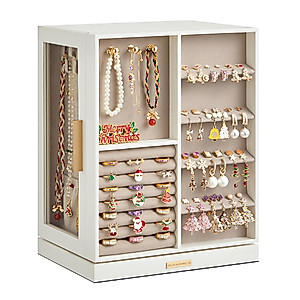 SONGMICS Jewelry Box 360° Rotating, Jewelry Storage Case with 5 Drawers, Jewelry Organizer, Glass Window, Spacious, Vertical Jewelry Storage, Open Design, Christmas Gift, Cloud White UJBC170W01