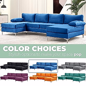 Casa Andrea Milano U-Shape Velvet Fabric Sectional Sofa Couch with Double Extra Wide Chaise, Couch for Living Room Apartment Lounge, Navy