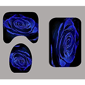 Camille&Andrew 4PCS/Set Dewy Royal Blue Rose Shower Curtain, Elegant Floral Romantic Flower Women Bathroom Decor, Waterproof Fabric Shower Curtain, Non-Slip Bath Rugs Toilet Carpet Bathroom Mat, Blue